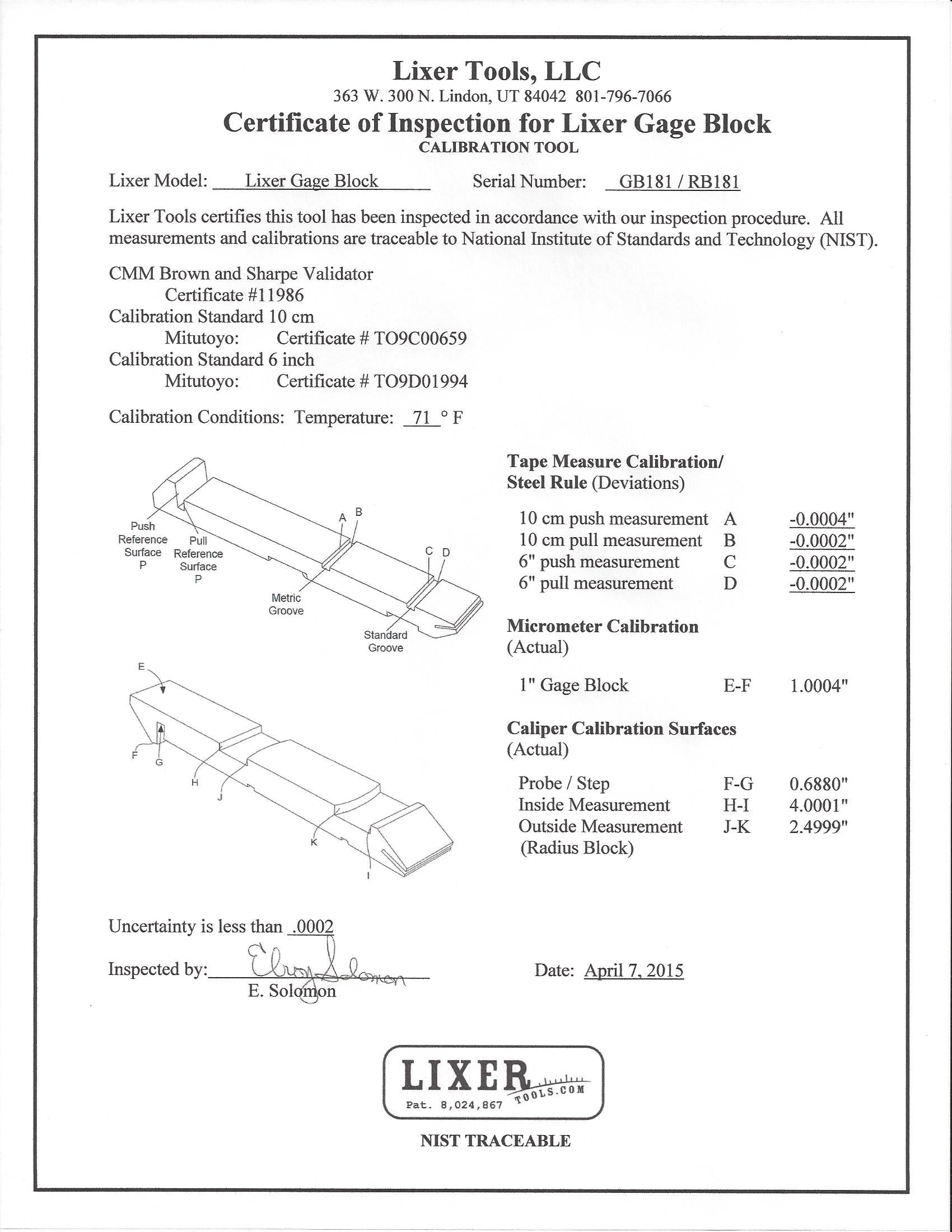 Lixer H Gage Block (GB101-H-55) Accuracy +/-.0005 * +/-.0005 Hardened ...