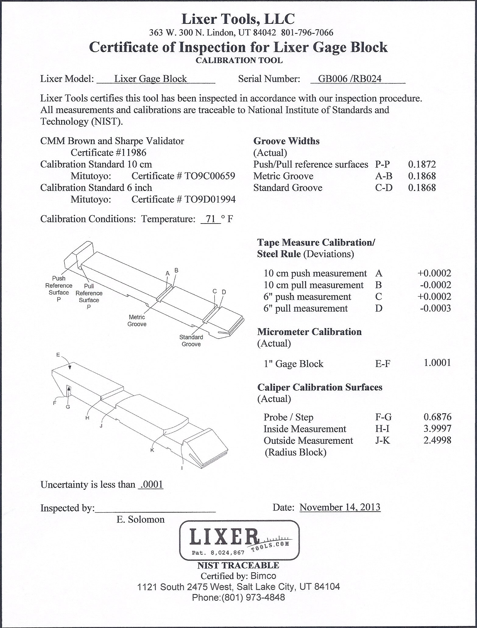 Lixer H Gage Block (GB101-H-55) Accuracy +/-.0005 * +/-.0005 Hardened ...