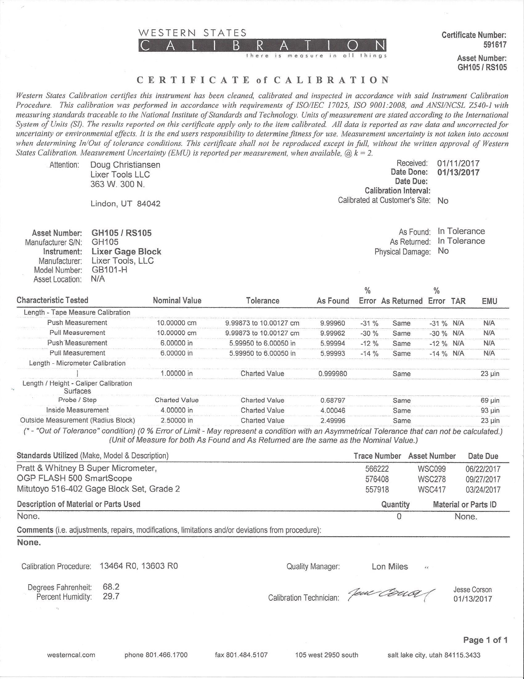 Lixer H Gage Block (GB101-H-ISO) Hardened Stainless Steel with ...