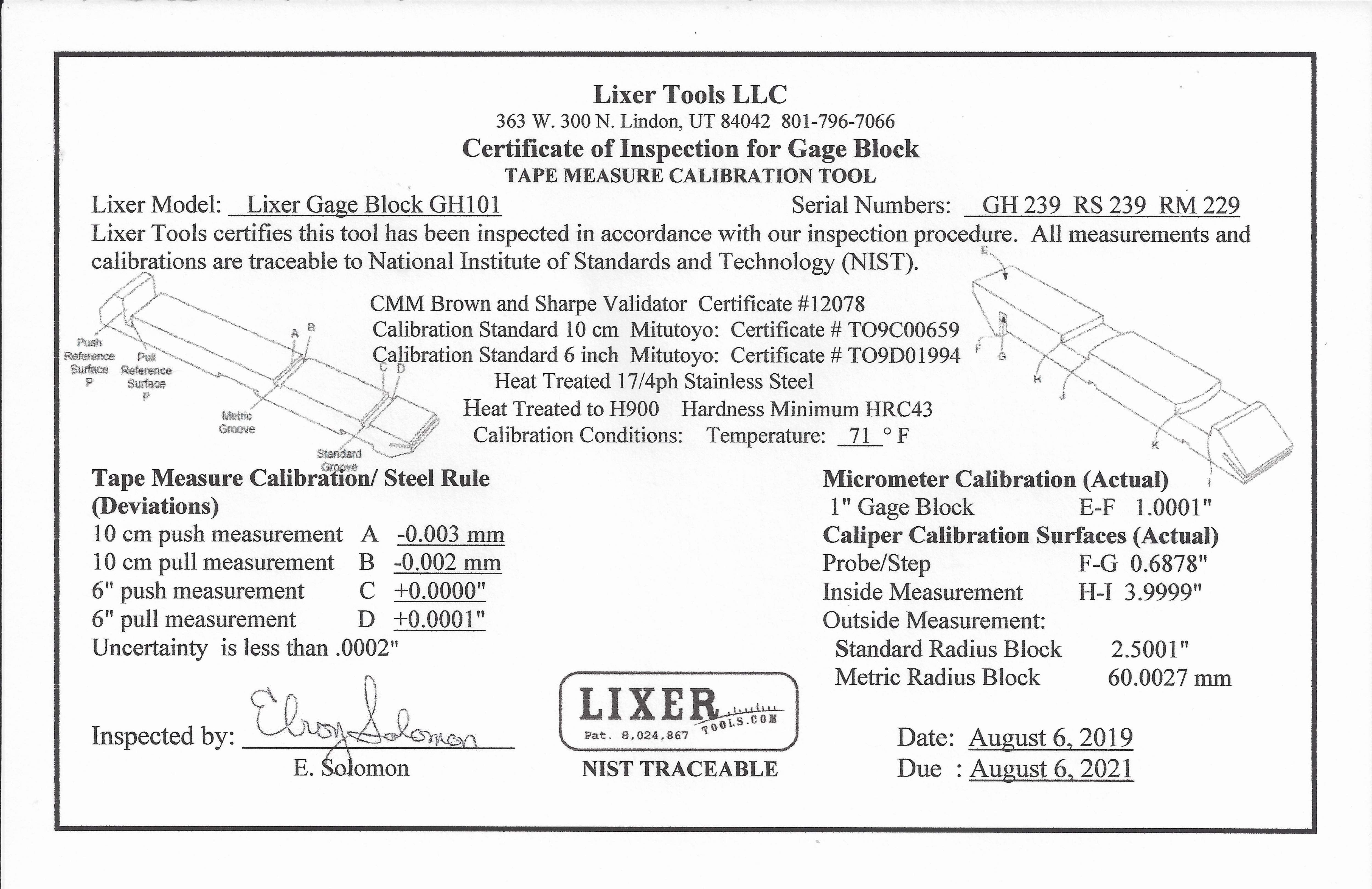 Lixer H Gage Block (GB101-H-55) Accuracy +/-.0005 * +/-.0005 Hardened ...